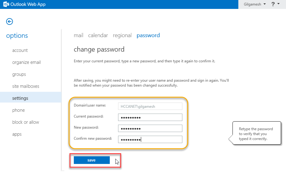 Modifying Your Exchange Password in OWA – The Hamilton Clermont Cooperative